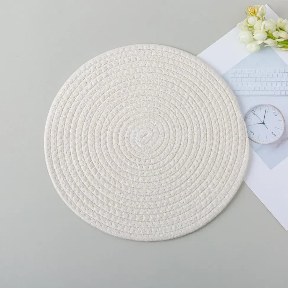 Круглые плетеные подставки для столовых приборов из полиэстера и хлопка 18cm, Бежевый, beige