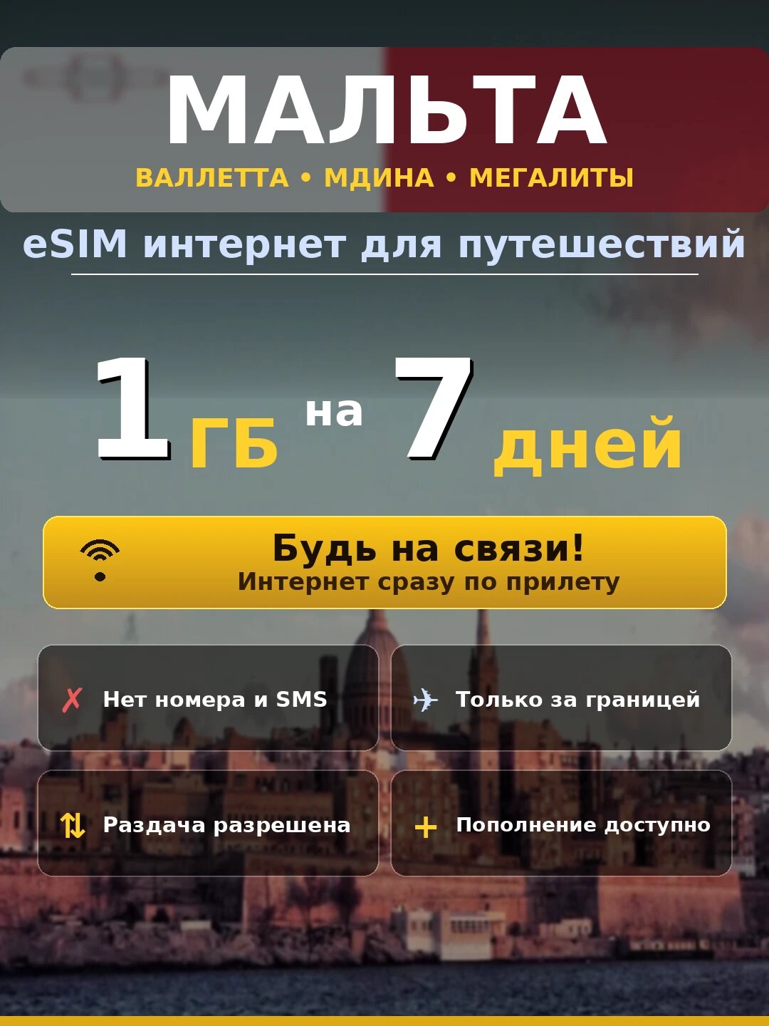 ESIM Мальта — мобильный интернет 1 ГБ на 7 дней | виртуальная SIM-карта для путешествий
