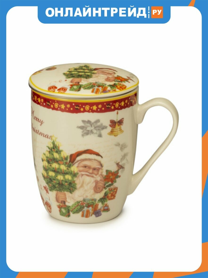 Кружка с ситечком и крышкой Lamart Noel Сюрприз Санта с елкой 400 мл, белая, фарфор