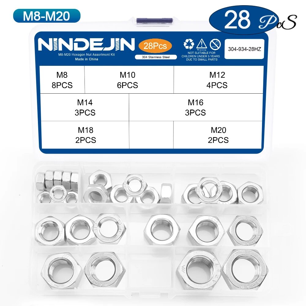 NINDEJIN Набор шестигранных гаек из нержавеющей стали М2-М12 M8-M20 28pcs