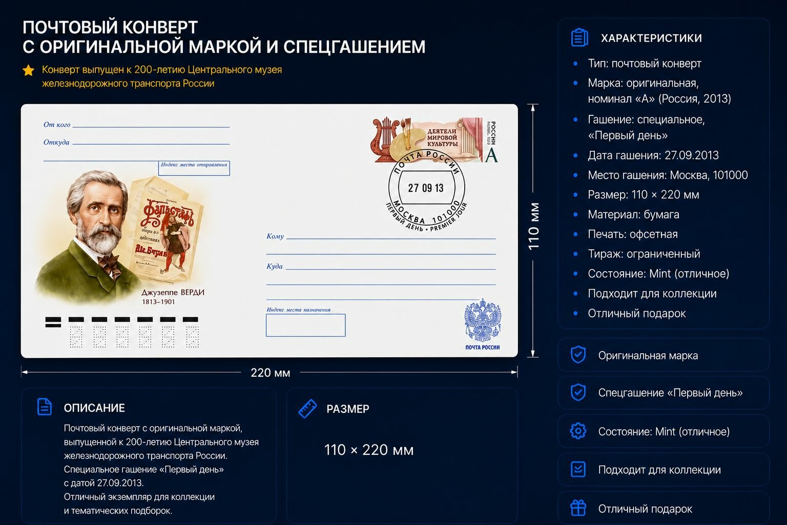 Почтовый конверт с оригинальной маркой спецгашение Серия Деятели мировой культуры. 200 лет со дня рождения Джузеппе Верди (1813-1901), композитор