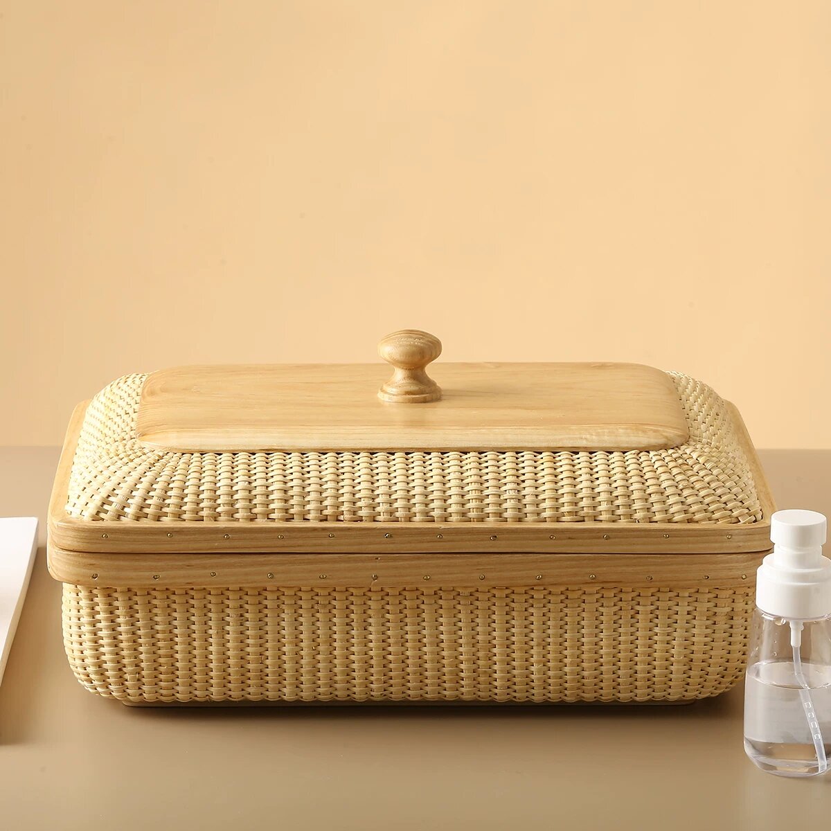 Деревянный ротанговый короб с крышкой для хранения, 31x21x13 см, ручная работа