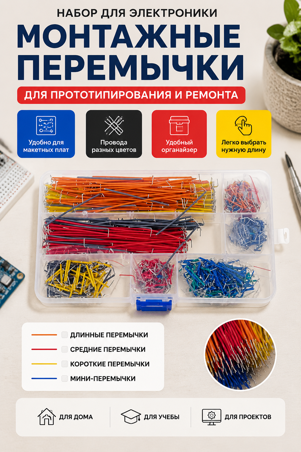 Провода для электроники набор разноцветных оранжевых желтых красных синих в пластиковом контейнере 150 шт для хобби