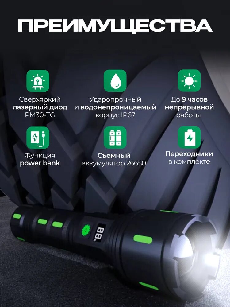 Фонарь ручной MolShop с функцией Power Bank, 3500 метров дальность, IP67, 1 год гарантии, Черный — фото 1