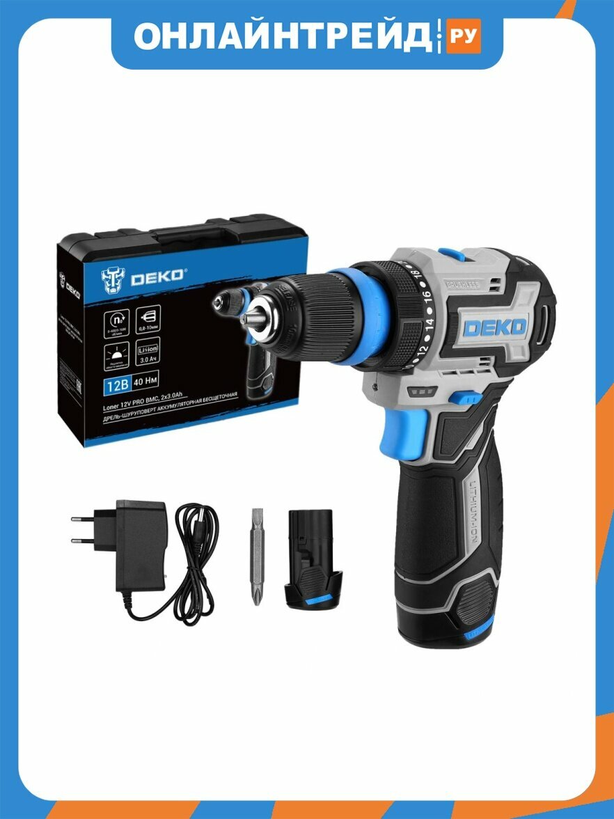 Дрель-шуруповерт аккумуляторная Deko Loner 12V PRO в кейсе, съёмный патрон, 12В, 2x3.0Ач (085-1122)