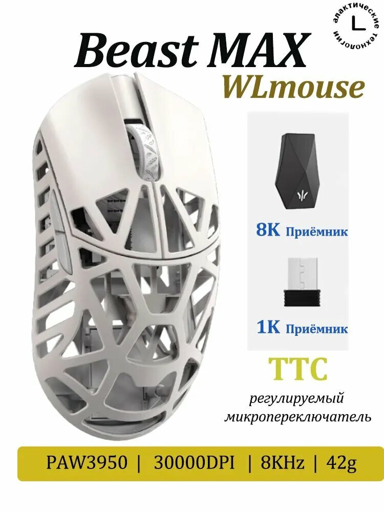 Игровая мышь беспроводная WLmouse Beast Max беспроводная мышь , магниевый сплав, легкий вес, игровая мышь PAW3950 8K, Эргономичность, белый