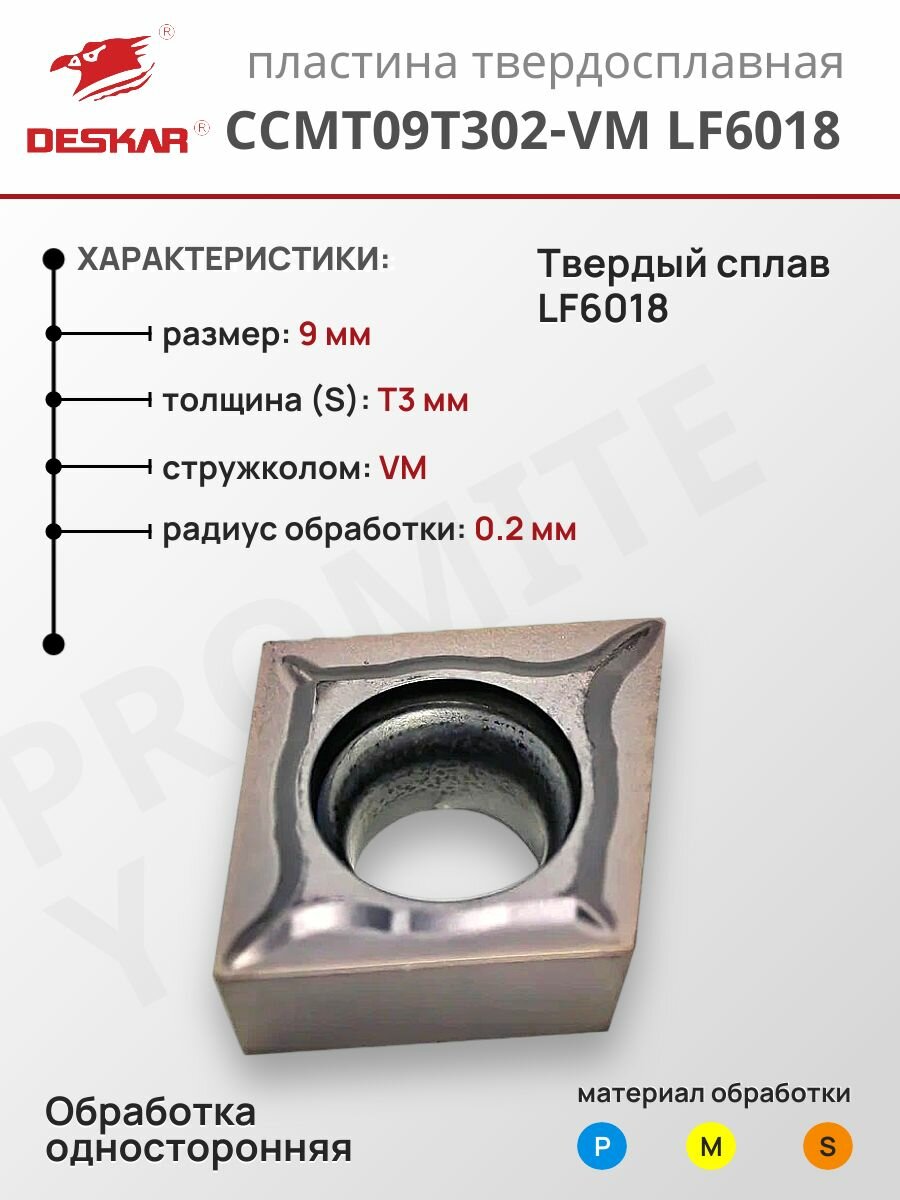 Пластина CCMT 09T302-VM LF6018 для токарных инструментов по металлу, от бренда DESKAR, сплав LF6018, сделано по стандартам ISO