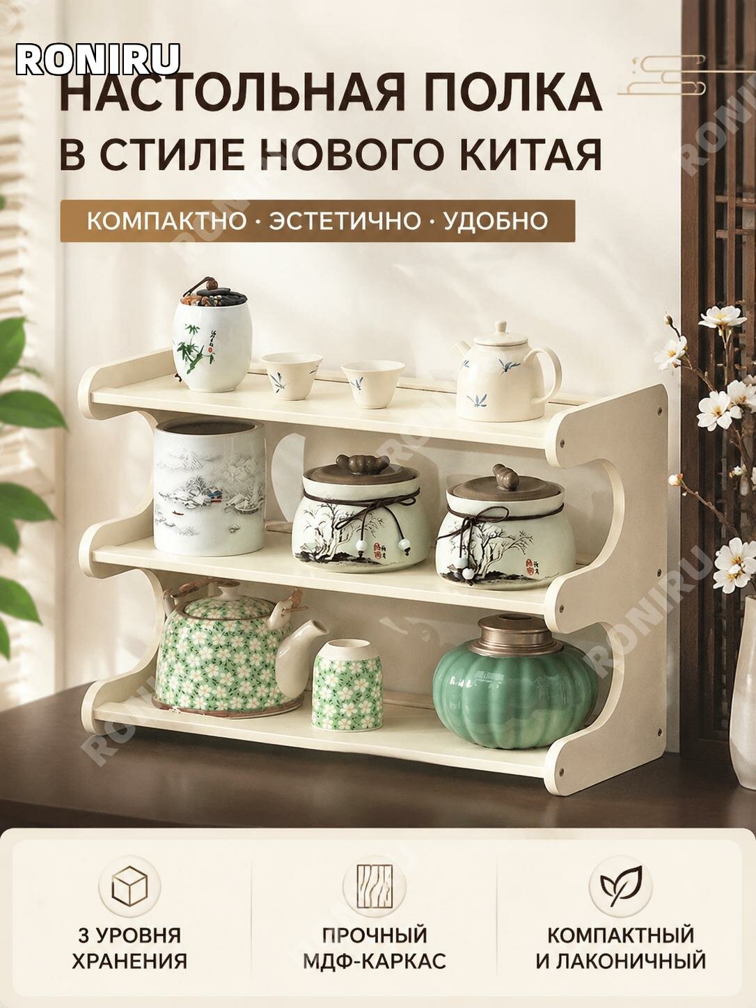 Настольная полка из бамбука, молочно-белый стеллаж3 яруса50 см с дуговыми боковинами для декора, чашек, чая и хранения