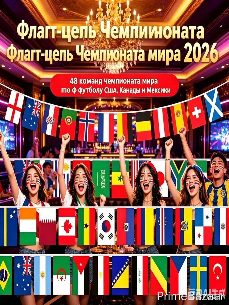 Гирлянда флагов ЧМ 2026, 48 команд, 18 м, для украшения, для фанатов