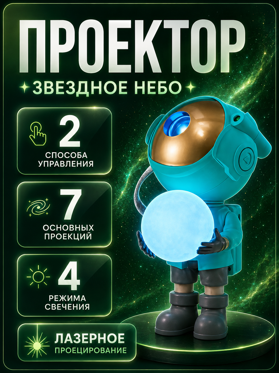 Ночник проектор звездного неба Космонавт (Астронавт), Пульт управления в комплекте, Бирюзовый