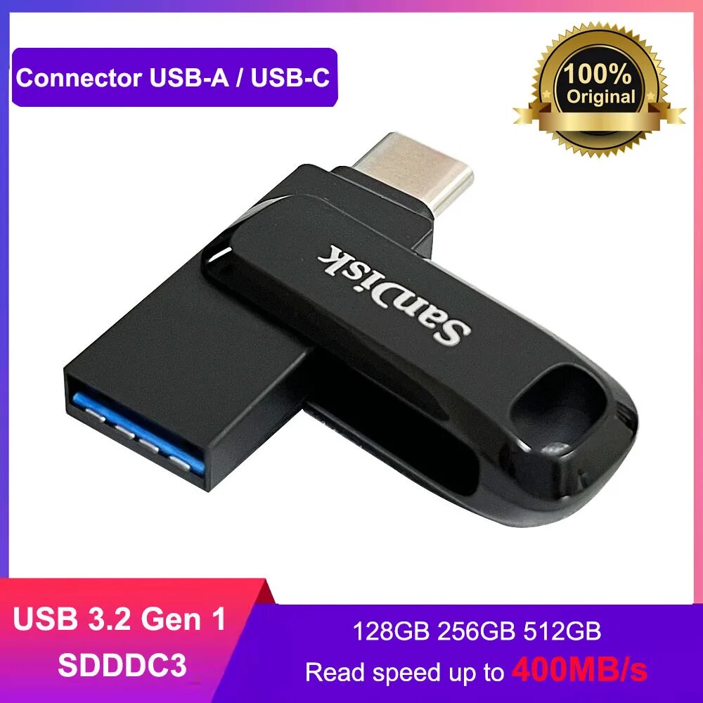 SanDisk OTG USB Type-C флешка 64/128/256/512 ГБ/1 ТБ 128 ГБ, SDDDC3