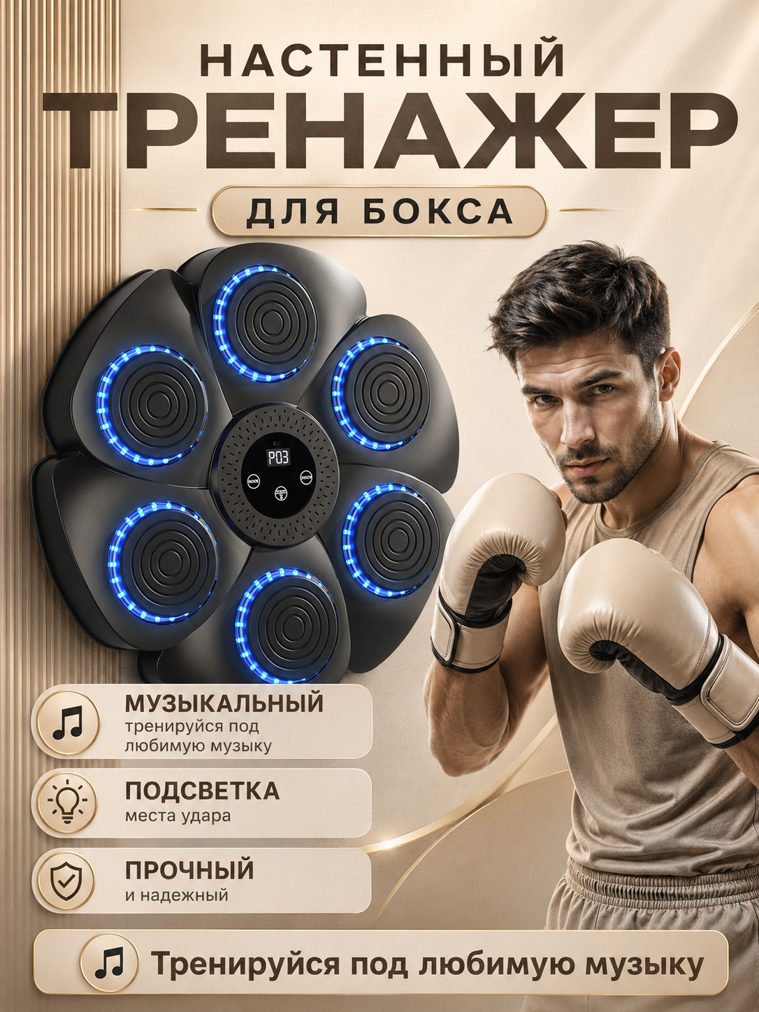 Настенный электронный Боксерский тренажер музыкальный, Интерактивный тренажер с музыкой для бокса, Черный