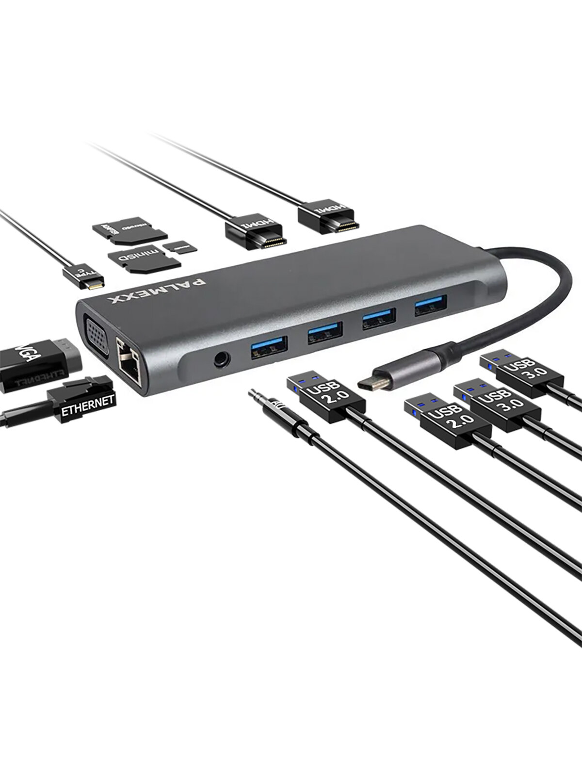 Адаптер-переходник (Хаб) PALMEXX 12 в 1 USB-C (Type-c) to 2*HDMI+VGA+2*USB3.0+2*USB2.0+USBC+CR+AUX+LAN