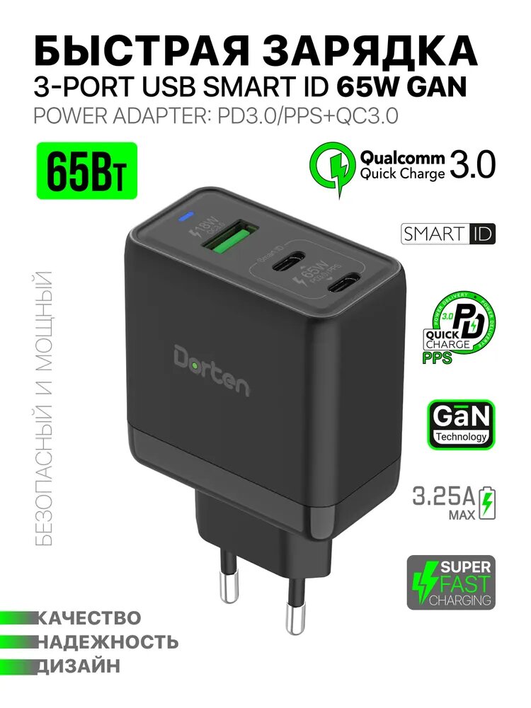 Быстрое зарядное устройство для телефона на android и apple ноутбука GaN 65W 3.25A / Зaрядка для айфона / Блок питания с USB и Type C / Быстрая зарядка Quick Charge + Power Delivery
