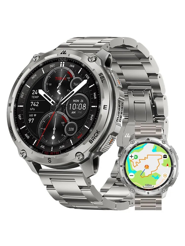 Kospet Смарт-часы KOSPET TANK T4,10ATM, Bluetooth-звонки, Функция офлайн-карты, 48mm, Ремешок для часов из серебристой стали