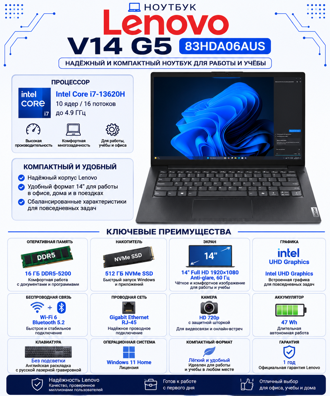 Ноутбук Lenovo V14 G5 (i7, 16 ГБ, 512 ГБ, FHD, Win 11) Черный