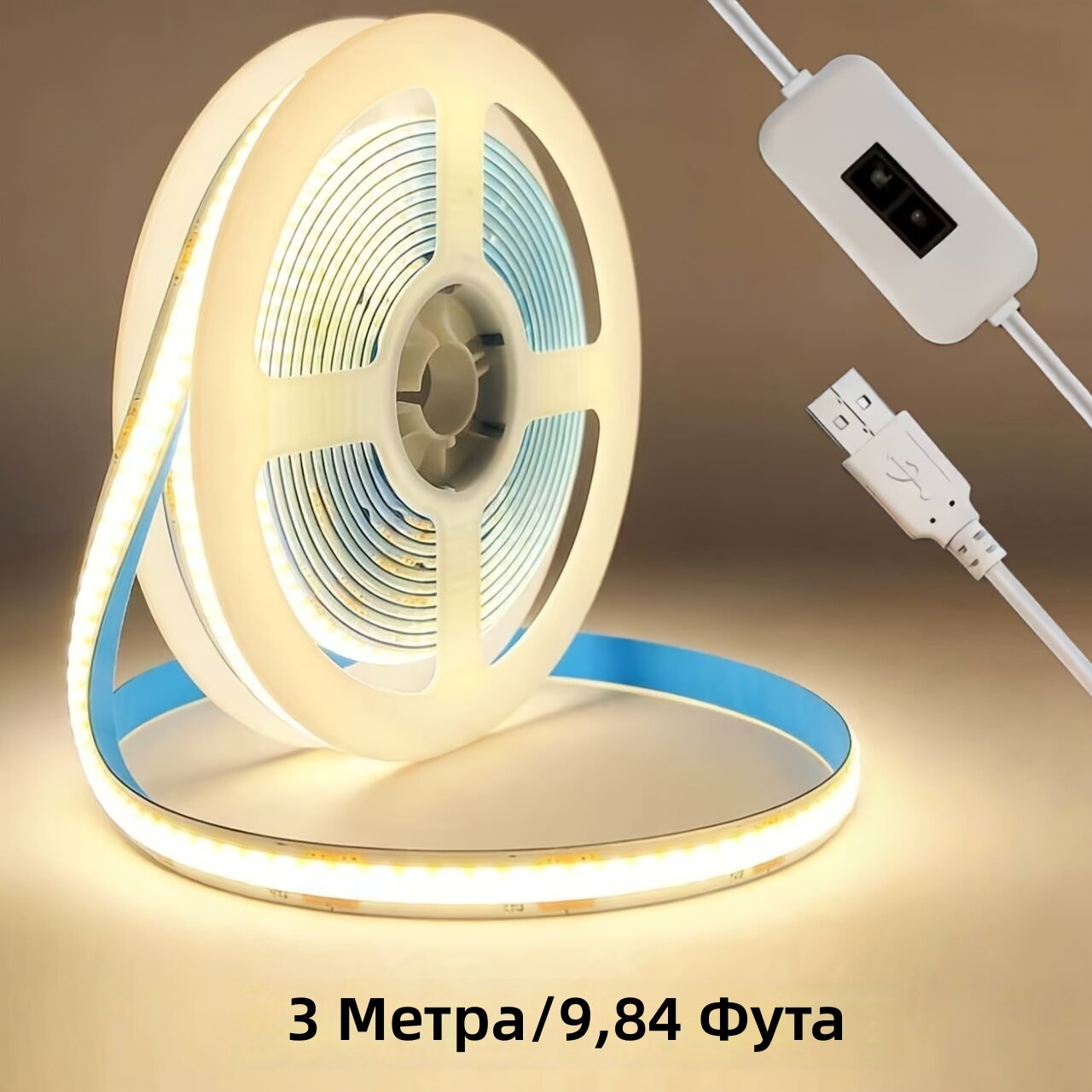 COB светодиодная лента 5V USB с сенсорным диммером, ультратонкая 3 мм, теплый белый свет, 3 м, 320 LED/м