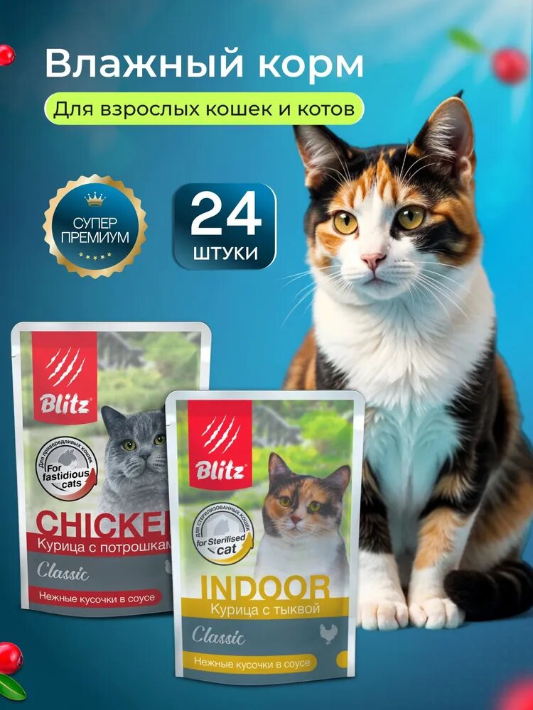 Влажный корм для кошек Blitz Classic для стерилизованных с курицей набор 85 г х 24 шт