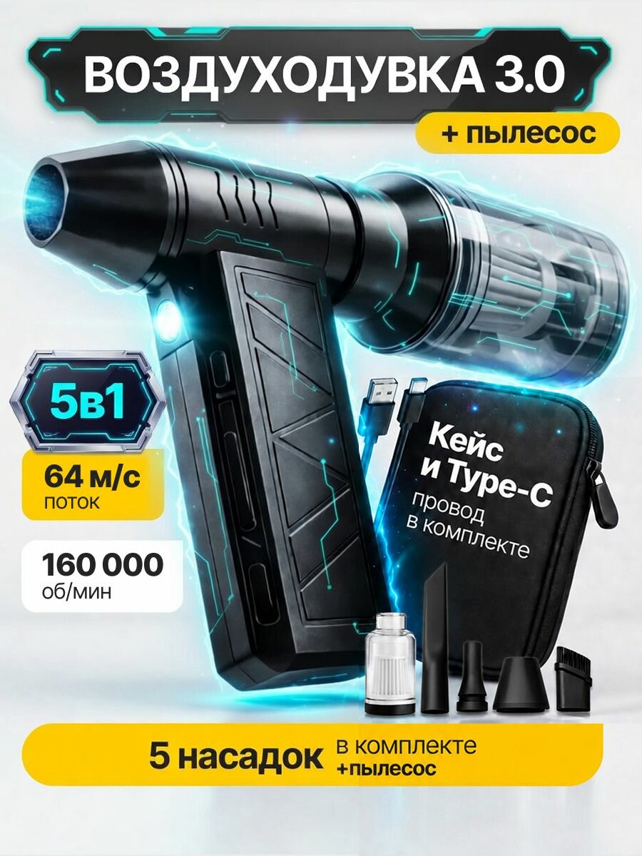Портативный пылесос TECHFORT "TURBO 160", 5 в 1, для уборки, с аккумулятором, 6000mAh