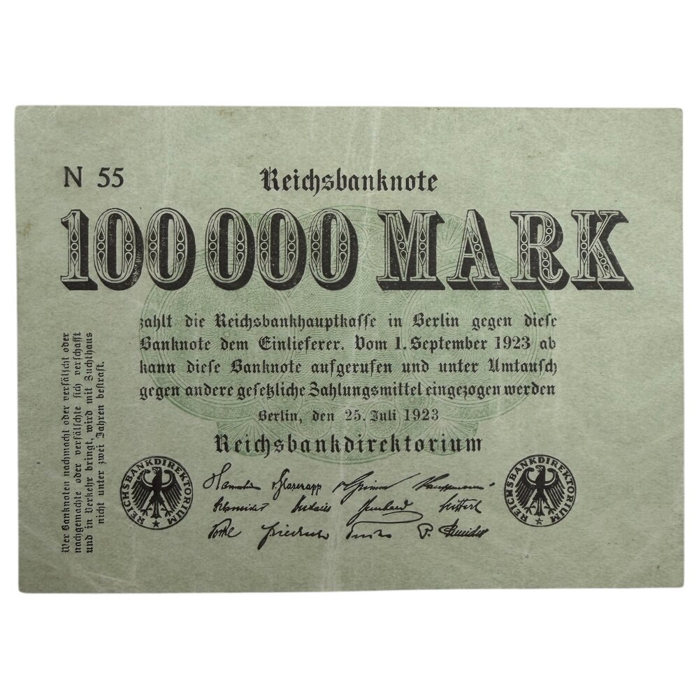 Веймарская республика (Германия) 100000 марок 1923 г. (25.07) (ВЗ - Звёзды) (Серия N 55)