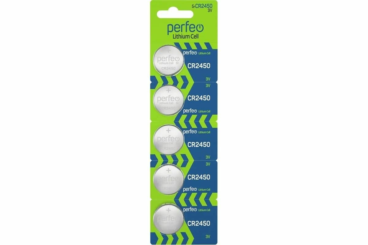Дисковая батарейка Perfeo CR2450 Lithium Cell 3V BL5 PFCR2450/5BL, 5шт.