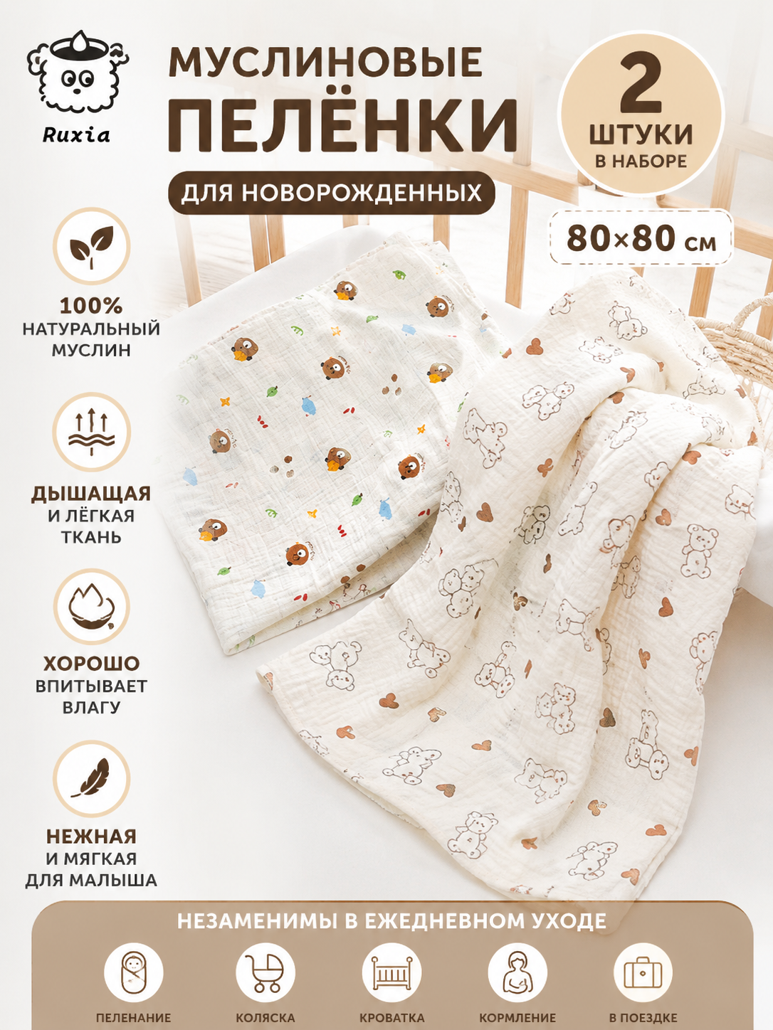 Пеленка муслиновая для новорожденных 80x80 см, набор 2 шт, мягкая дышащая пеленка для малышей