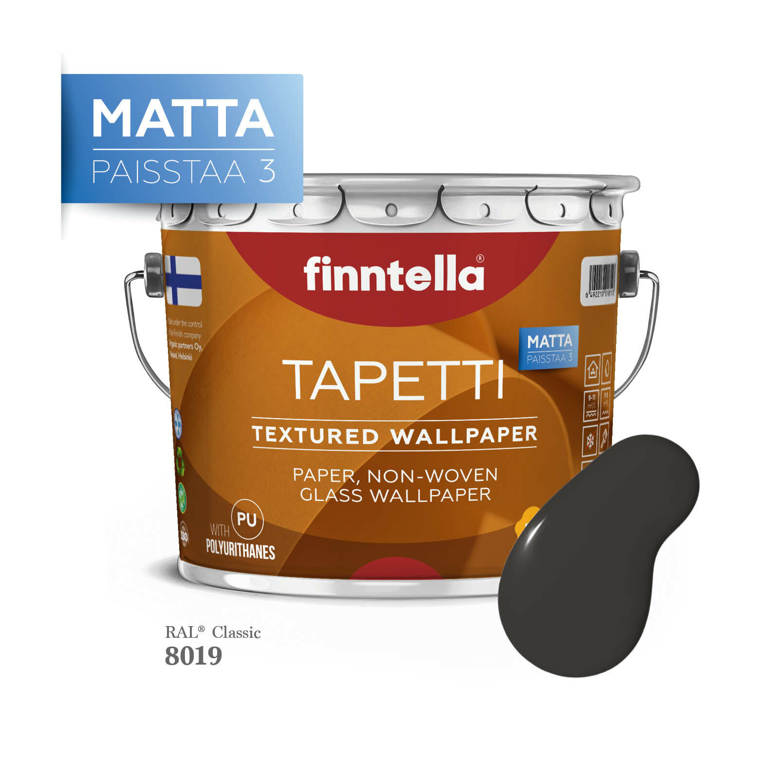 Матовая краска для обоев под окраску TAPETTI Matta FINNTELLA, Цвет RAL 8019 Серо-коричневый (Grey brown), 2,7л