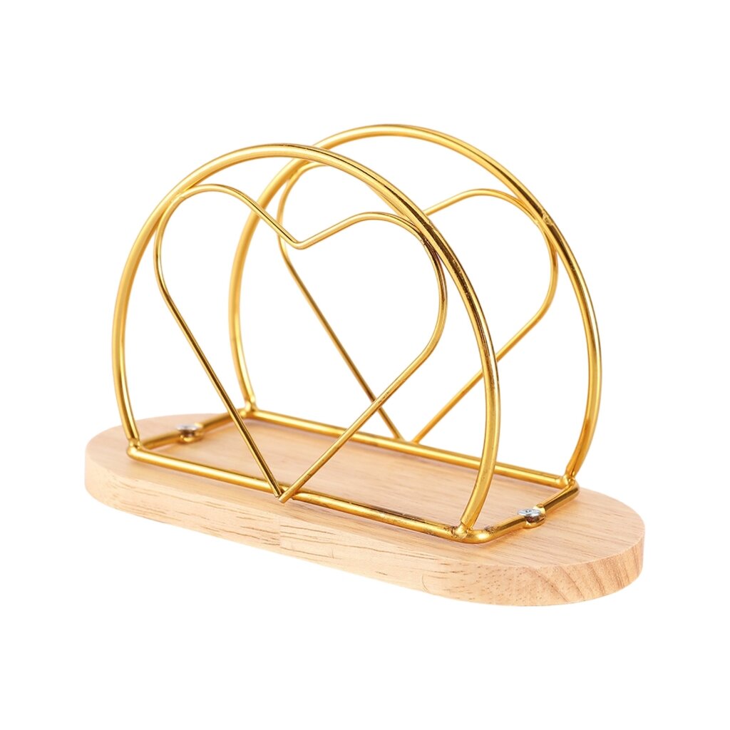 Tabletop Napkin Wooden Base Metal Wire Rack Heart Detail Open Access Counter Piece for Dining Kitchen Cafe