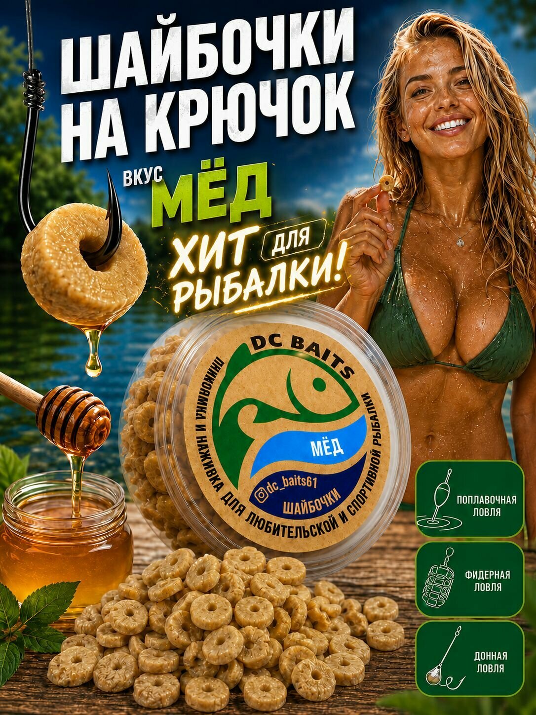 Насадка для рыбалки Мед, шайбы на крючок и волос для карпа, карася и леща, рыболовная насадка