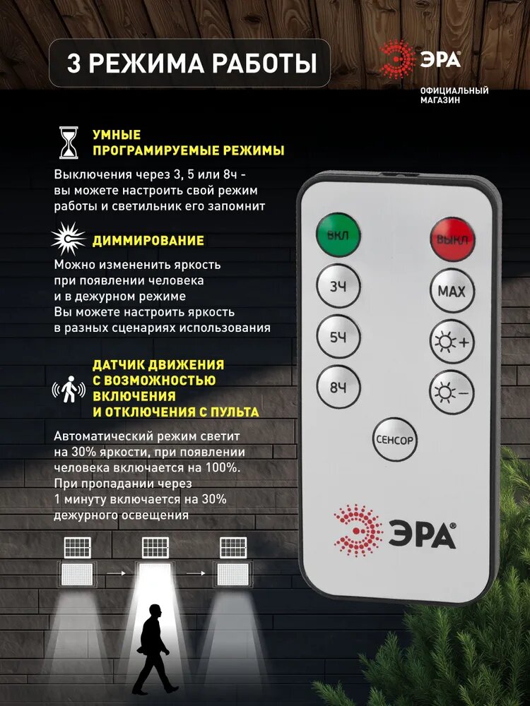 Прожектор светодиодный уличный с датчиком движения ERAPRO-100 аккумуляторный светильник на солнечной батарее + пульт, 100Вт, 5000К