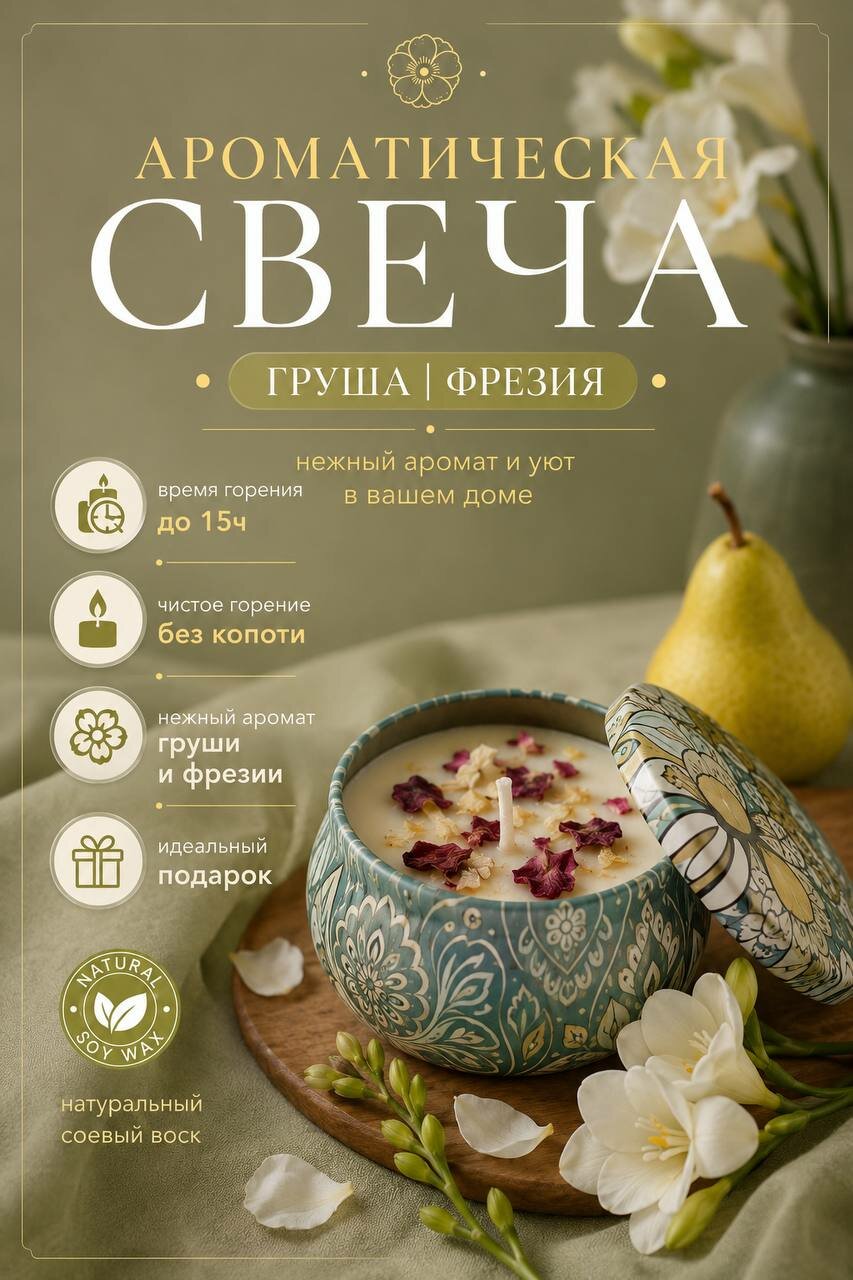 Ароматическая соевая свеча Груша и Фрезия, натуральная свеча из соевого воска для дома