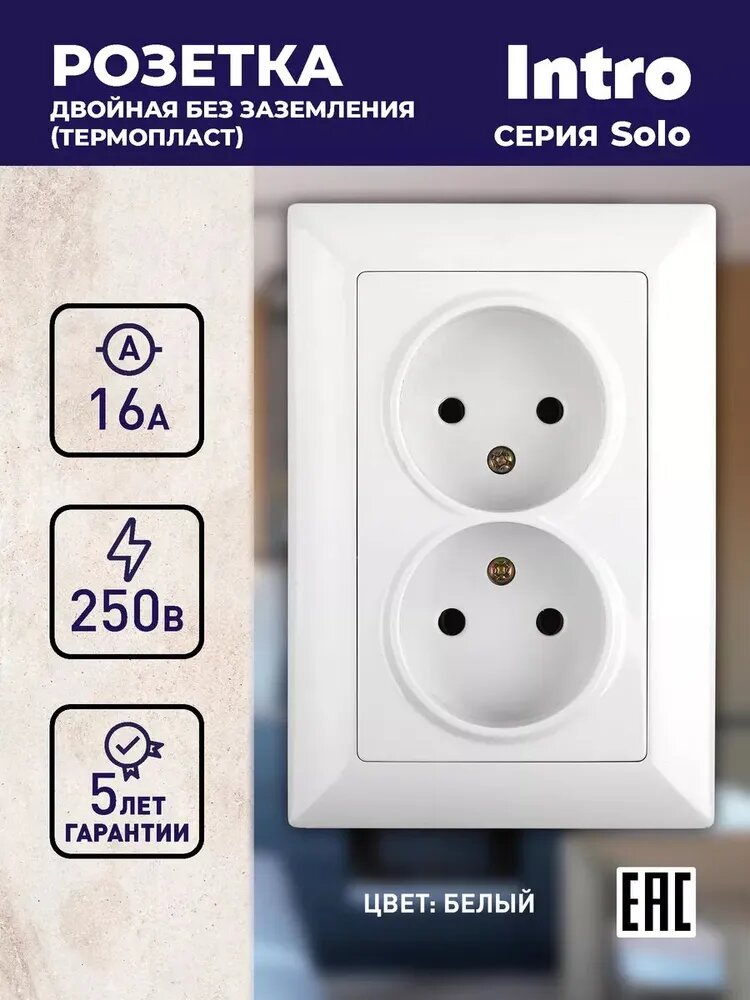 Розетка Intro Solo 4-204-01 без заземления двойная 2х2P 16А-250В IP20 скрытой установки белая