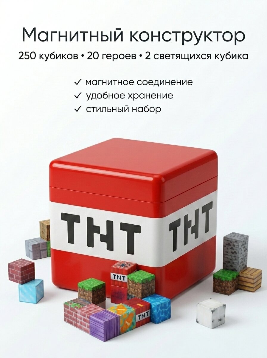 Магнитный конструктор 250 кубиков + 20 фигурок героев Minecraft, развивающий набор, магнитные блоки