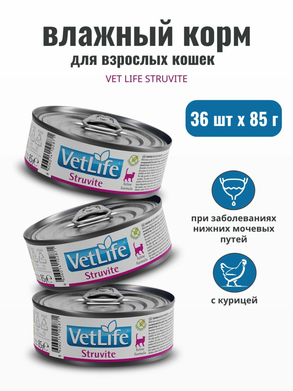 Влажный корм Farmina Vet Life Struvite для кошек всех пород, для растворения струвитных камней, Фармина Вет Лайф лечебный рацион со вкусом курицы и индейки в консервах, 36шт по 85г