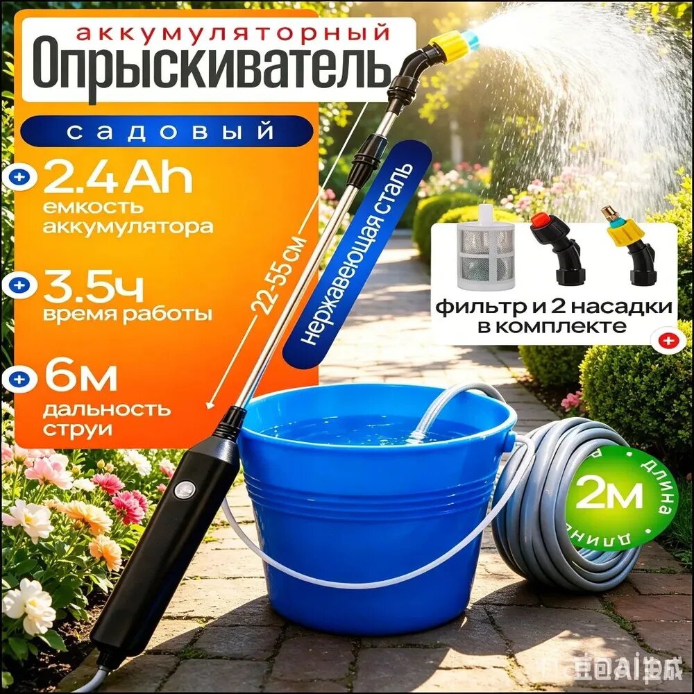 Опрыскиватель садовый аккумуляторный 2.4 Ач, 3.5 ч, 6 м, черный, 100 л
