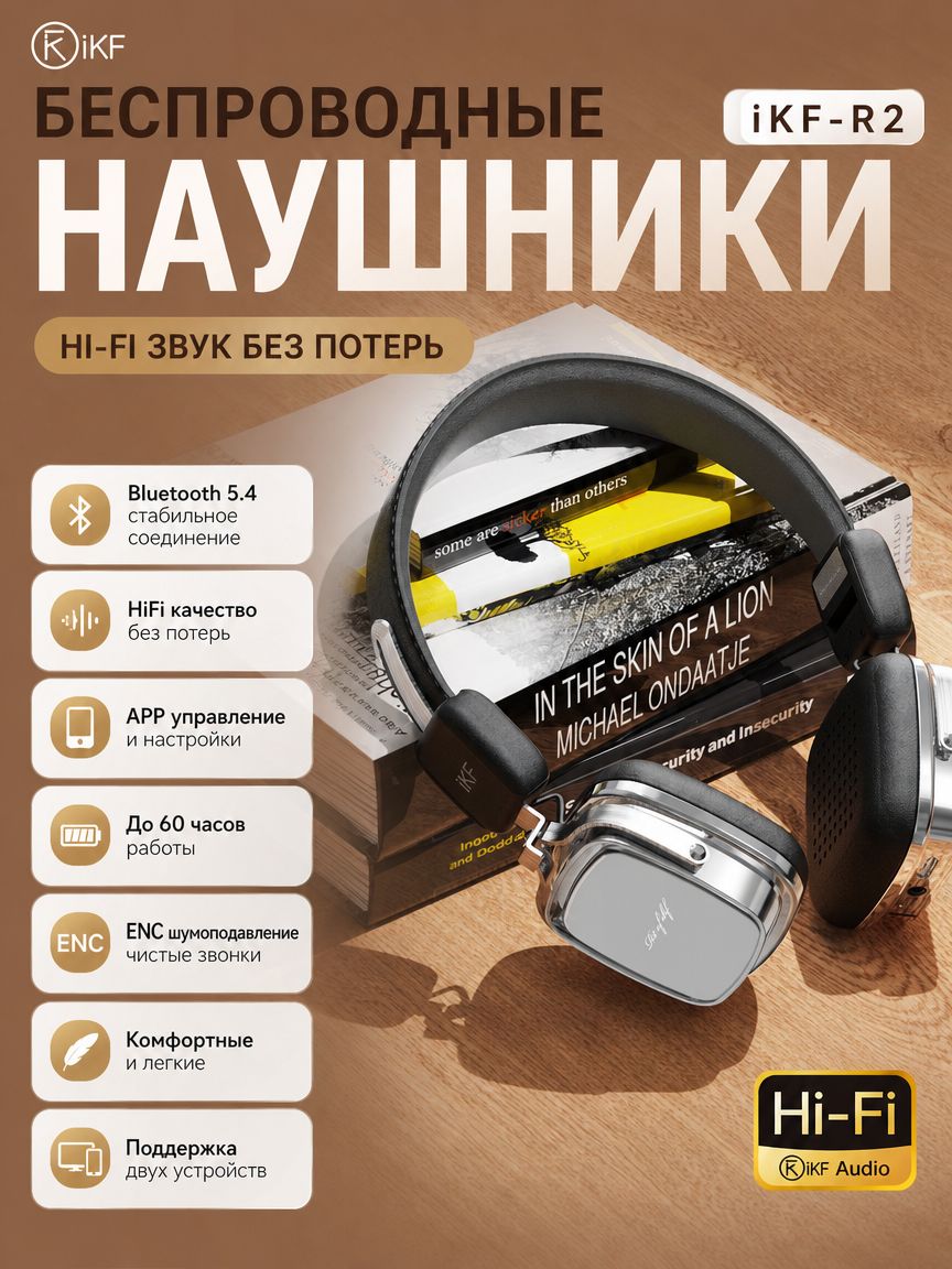 Беспроводные ретро-накладные наушники iKF R2 с Bluetooth 6.0, 40-мм Hi-Fi динамиками, ENC-шумоподавлением, задержкой 35 мс для игр и до 60 часов работы.