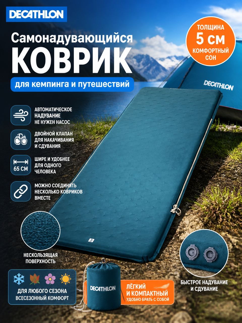 Самонадувающийся коврик DECATHLON 195x65 см синий с выпускным клапаном
