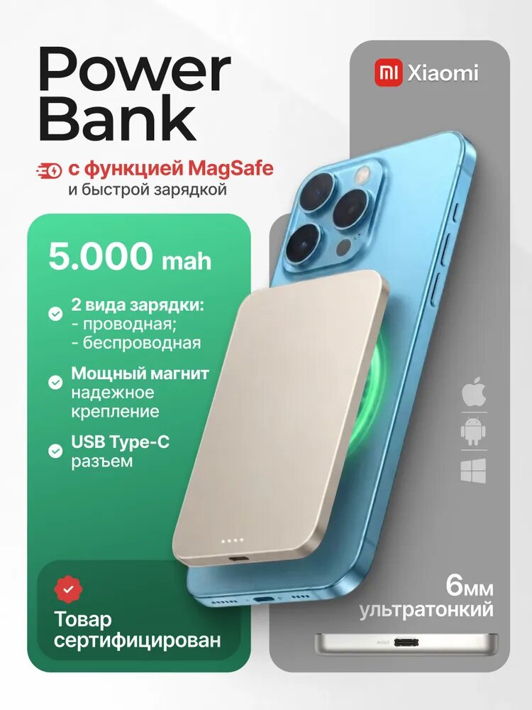 Внешний аккумулятор Xiaomi Super Slim Magnetic Power Bank 5000 Silver