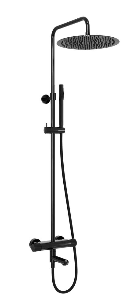 Душевая стойка Milleau Tissage ML8075BKS. DT-GB со смесителем, термостатическим, черная, глянцевая, душевая система с тропическим душем, с изливом, с лейко