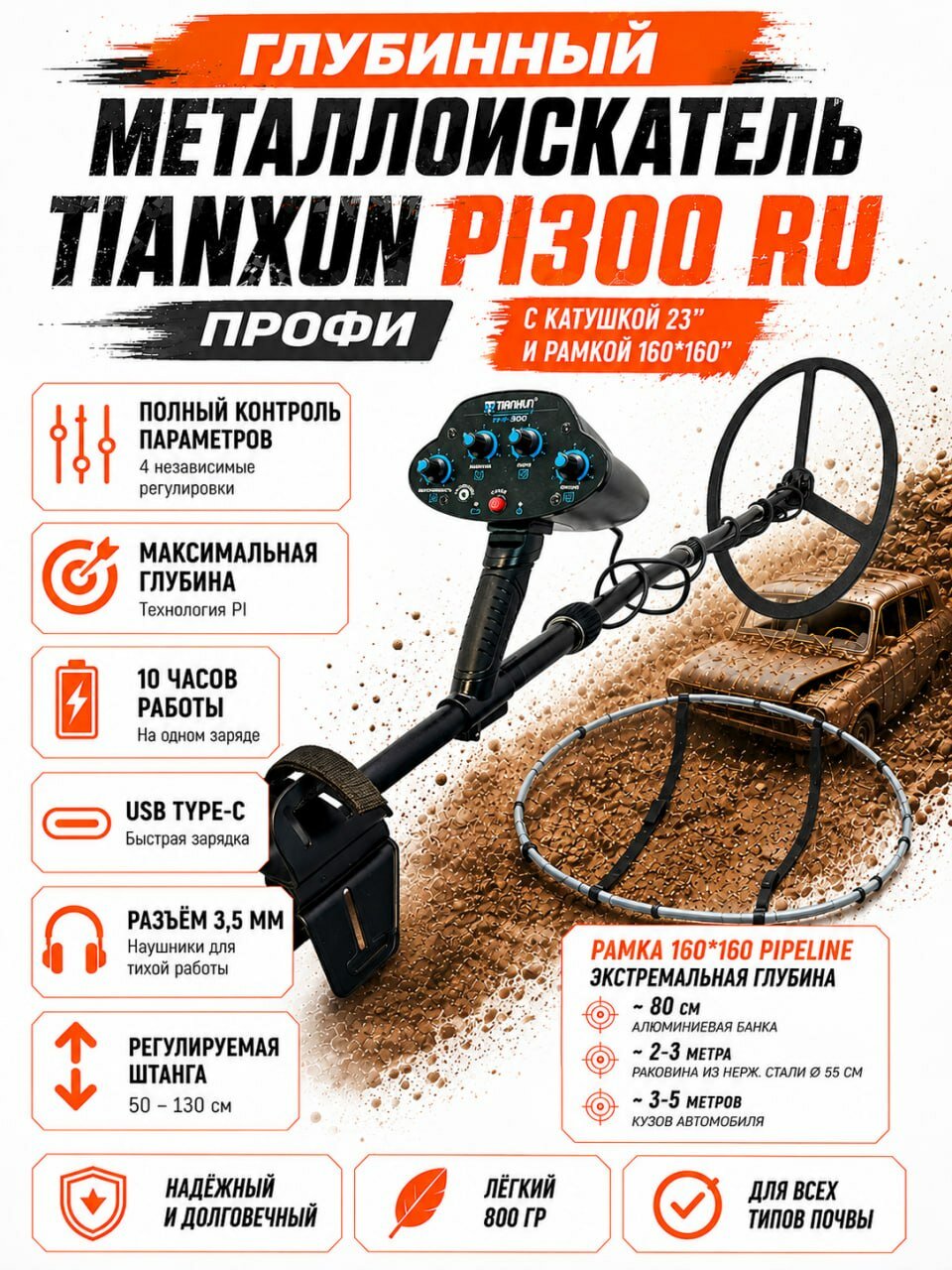 Металлоискатель глубинный Tianxun PI300 RU Профи (с катушкой 23" и рамкой 160×160)