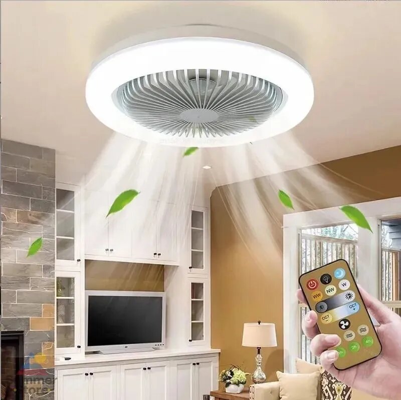 Люстра с вентилятором, E27, 85 Вт, LED, RGB, пульт ДУ, 260x260x90 мм, белый