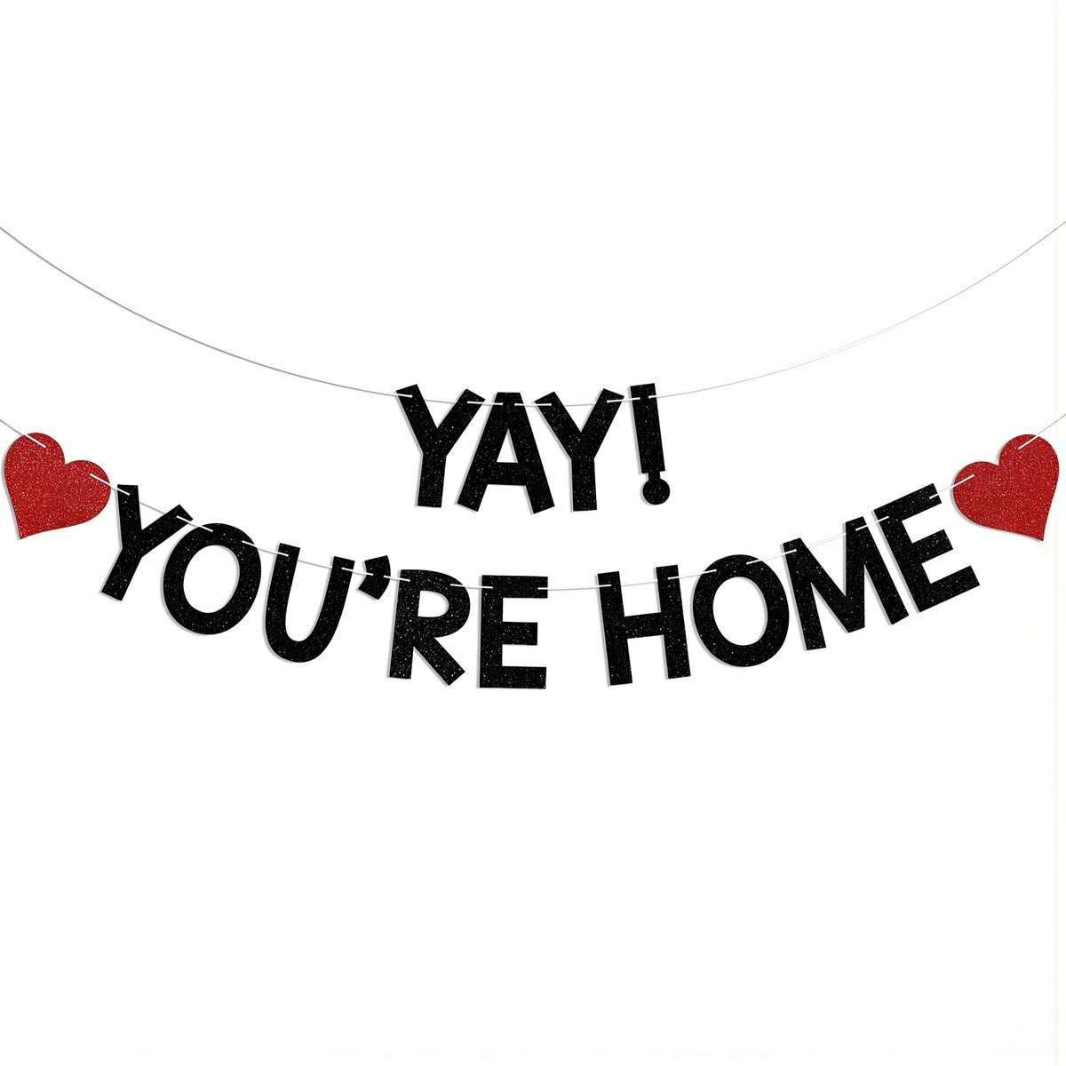 Гирлянда для праздника YAY YOU'RE HOME блестящая с надписями, украшение для дома, для встречи близких после долгой разлуки яркое оформление, Черные тонкие буквы
