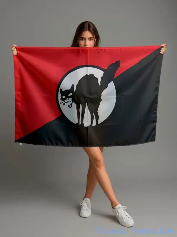 Флаг анархо синдикализма Anarchist black cat Чёрный кот, 90х135 см на сетке для улицы
