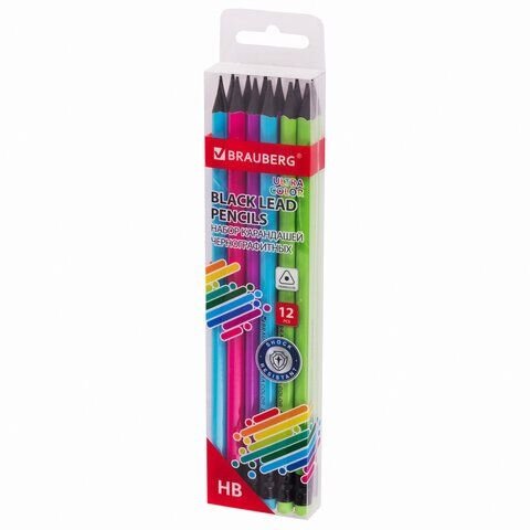 BRAUBERG Набор карандашей чернографитных Ultra Color 12 шт, Hb, с ластиком, пластиковые, 181710