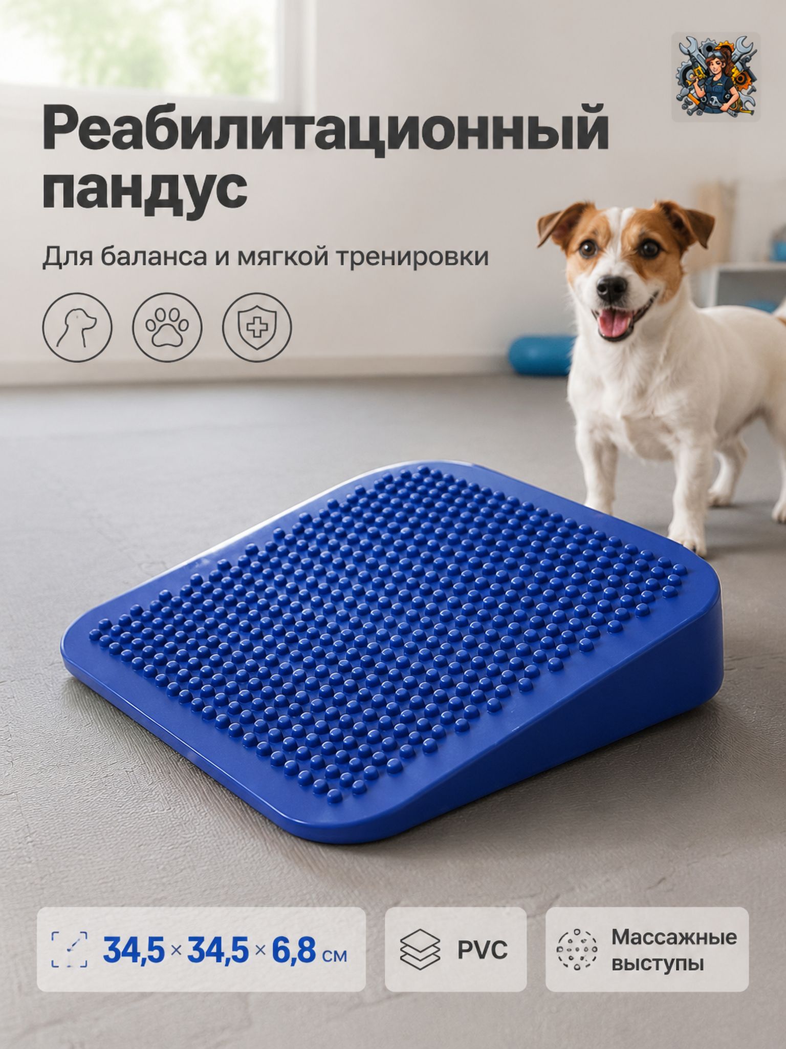 Балансировочный пандус для животных с массажными выступами, ПВХ, 34,5x34,5x6,8 см, для реабилитации и тренировок дома