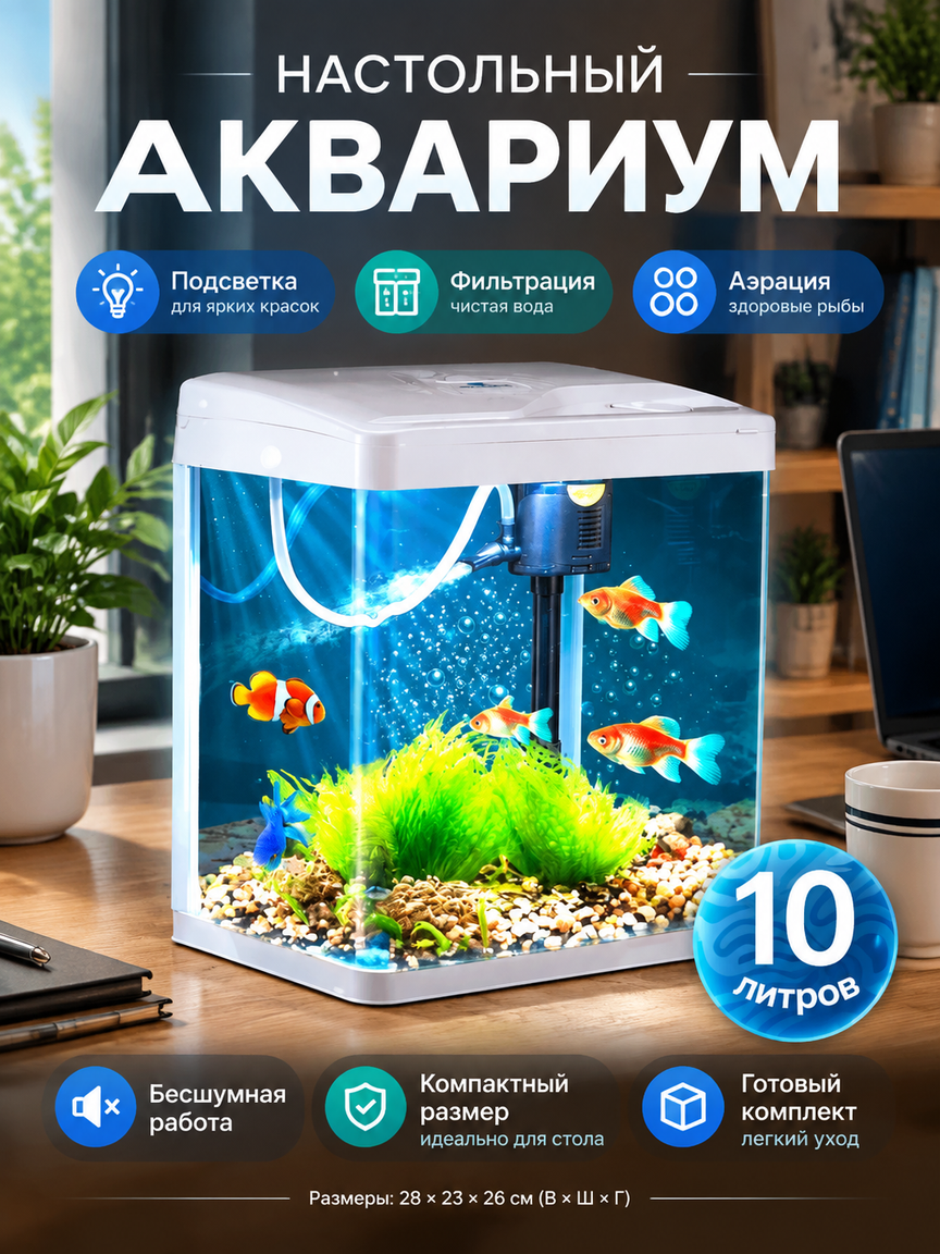 Аквариум настольный прямоугольный 10 литров, белый, с фильтрацией, освещением и аэрацией