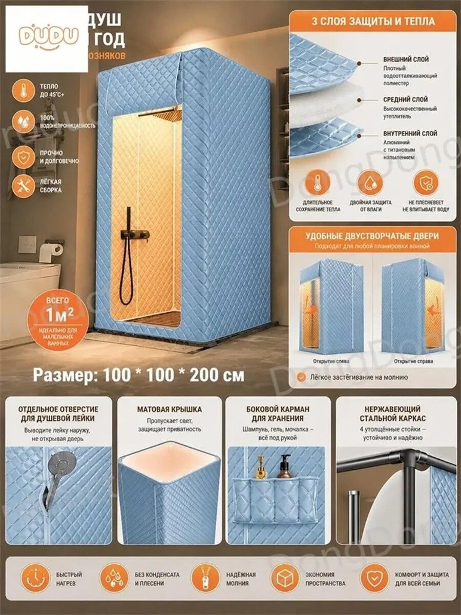 Душевая кабина садовая квадратная 100×100×200 см, синяя, с каркасом и матовой крышей