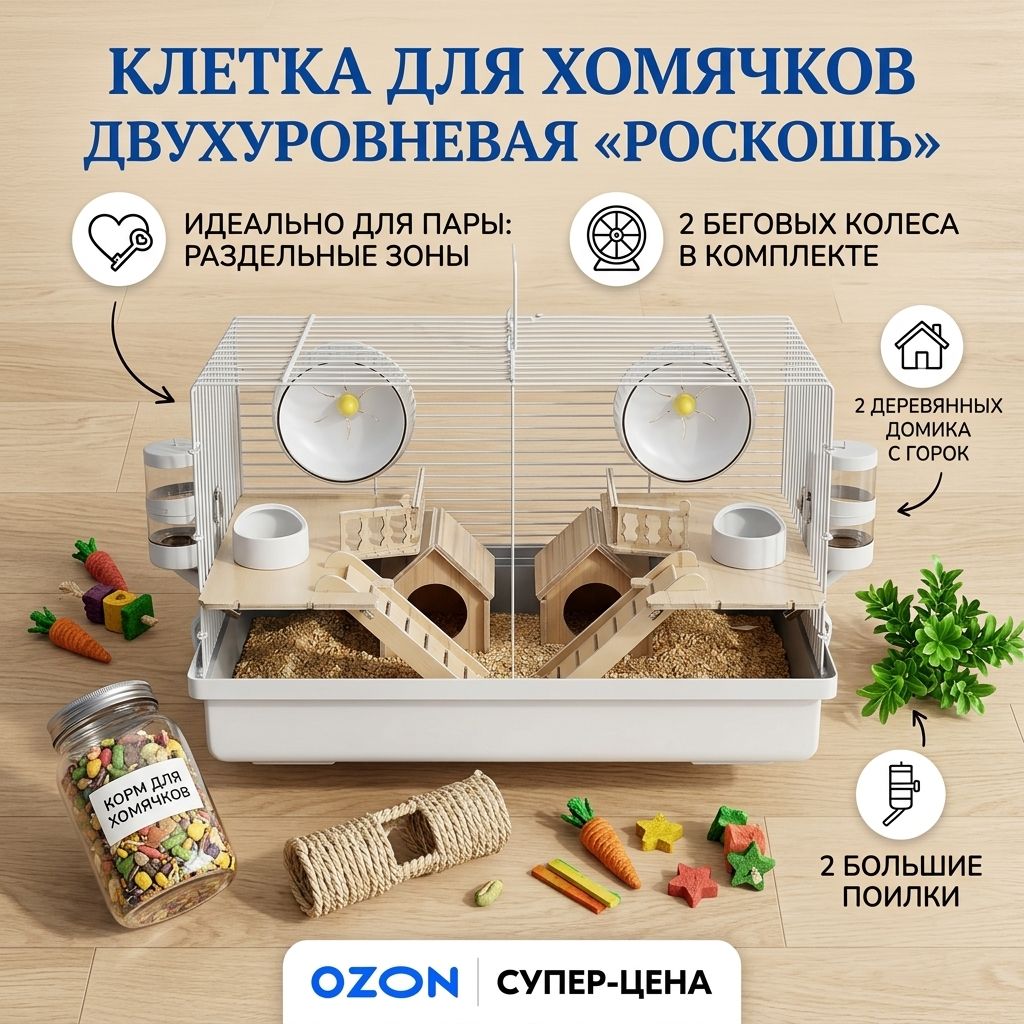 Двухсекционная клетка для хомяков (самца и самки), большой виллаг с разделителем, легко чистится, для сирийских хомяков