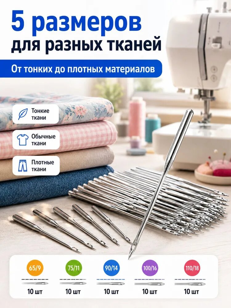50 комплектов универсальных игл для бытовых швейных машин