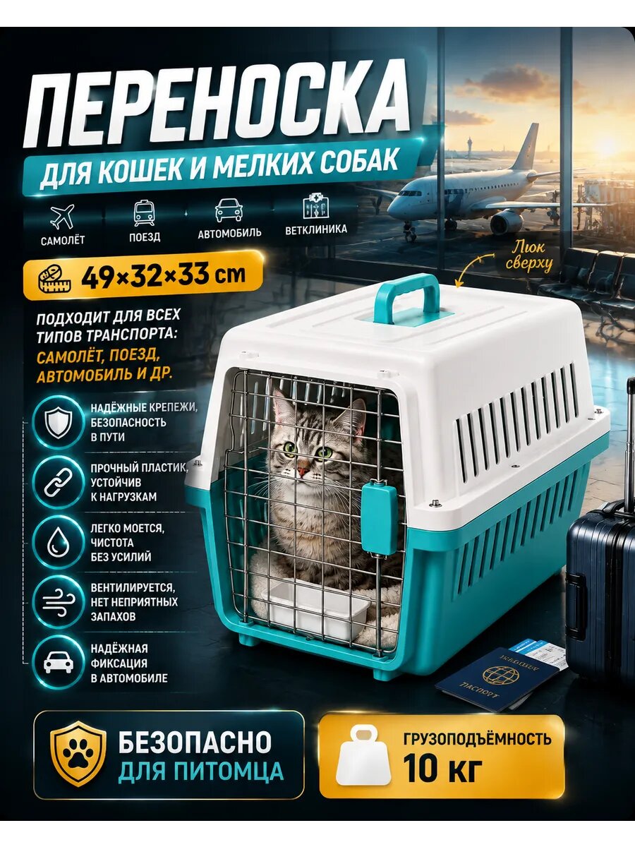 Переноска пластиковая для кошек и собак с решеткой до 10 кг